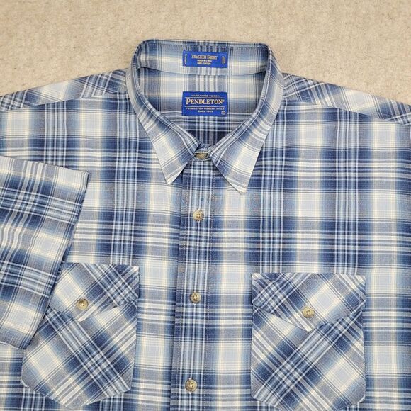 Pendleton | Shirts | Pendleton Blue Plaid Button Up Tracker Shirt Short Sleeve Flap Pockets Mens ...
